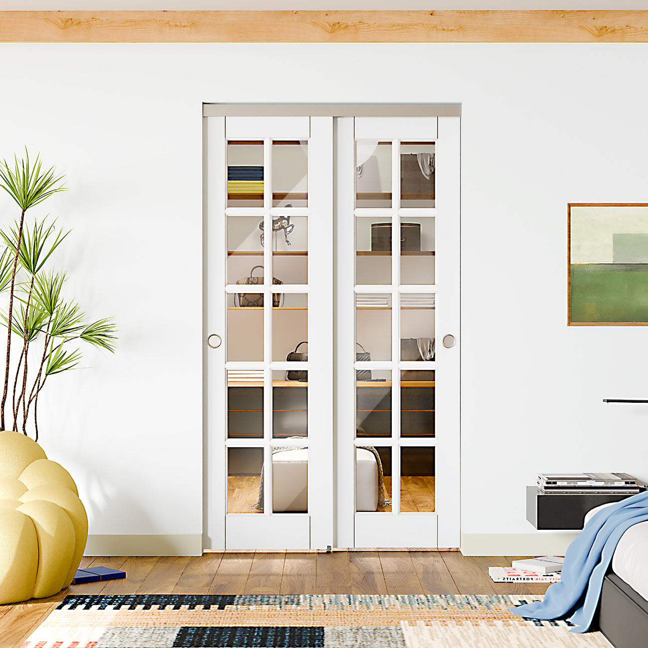 TENONER White 10-Lite Clear Glass Bypass Door for Bedroom, Living Room