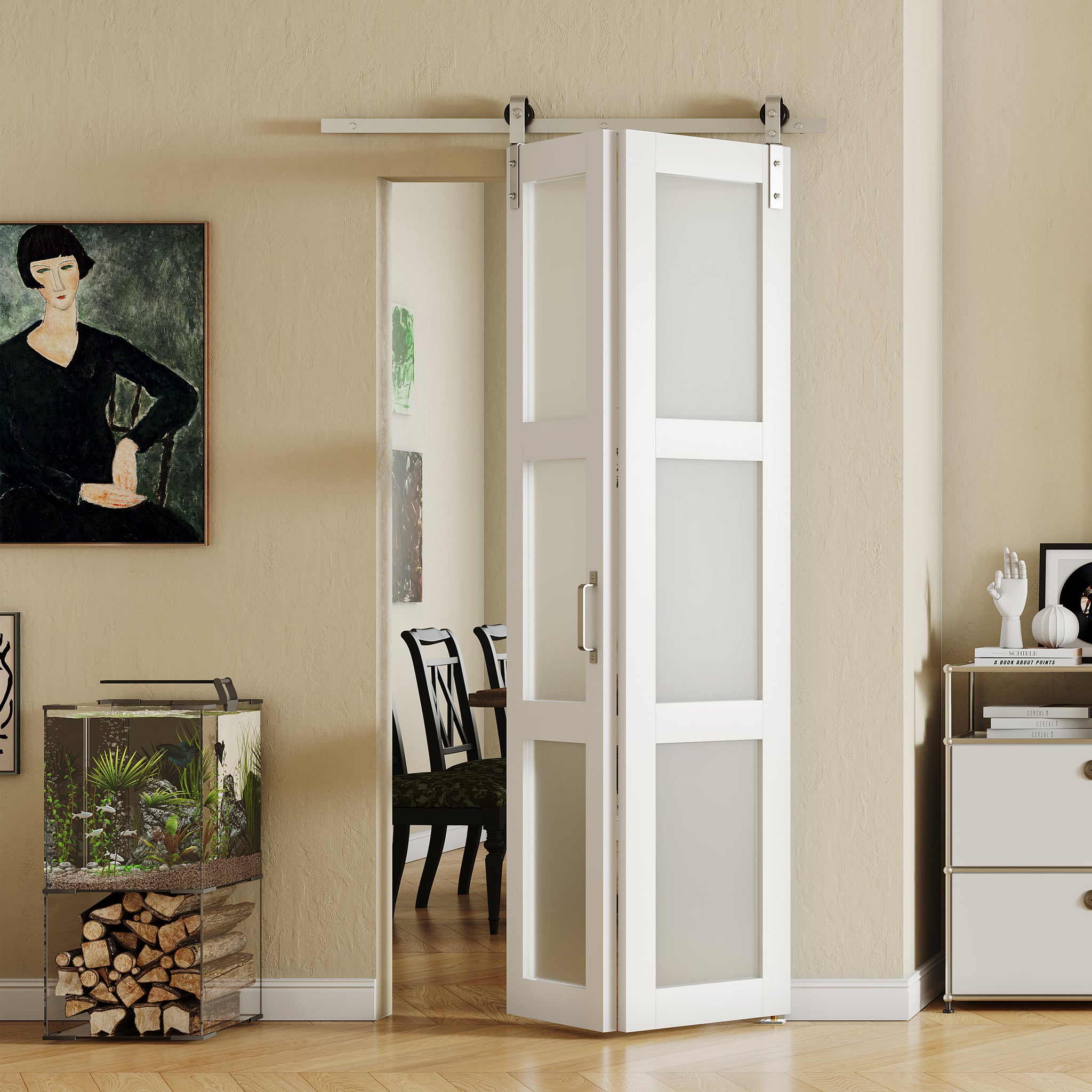 TENONER White MDF 3-Lite Frosted Glass Bi-Fold Sliding Barn Door for P