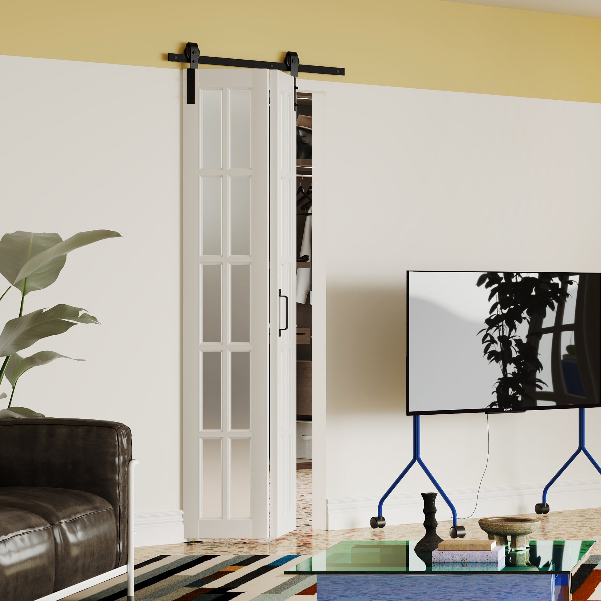 TENONER White 10-Lite Frosted Glass Bi-Fold Sliding Barn Door for Clos