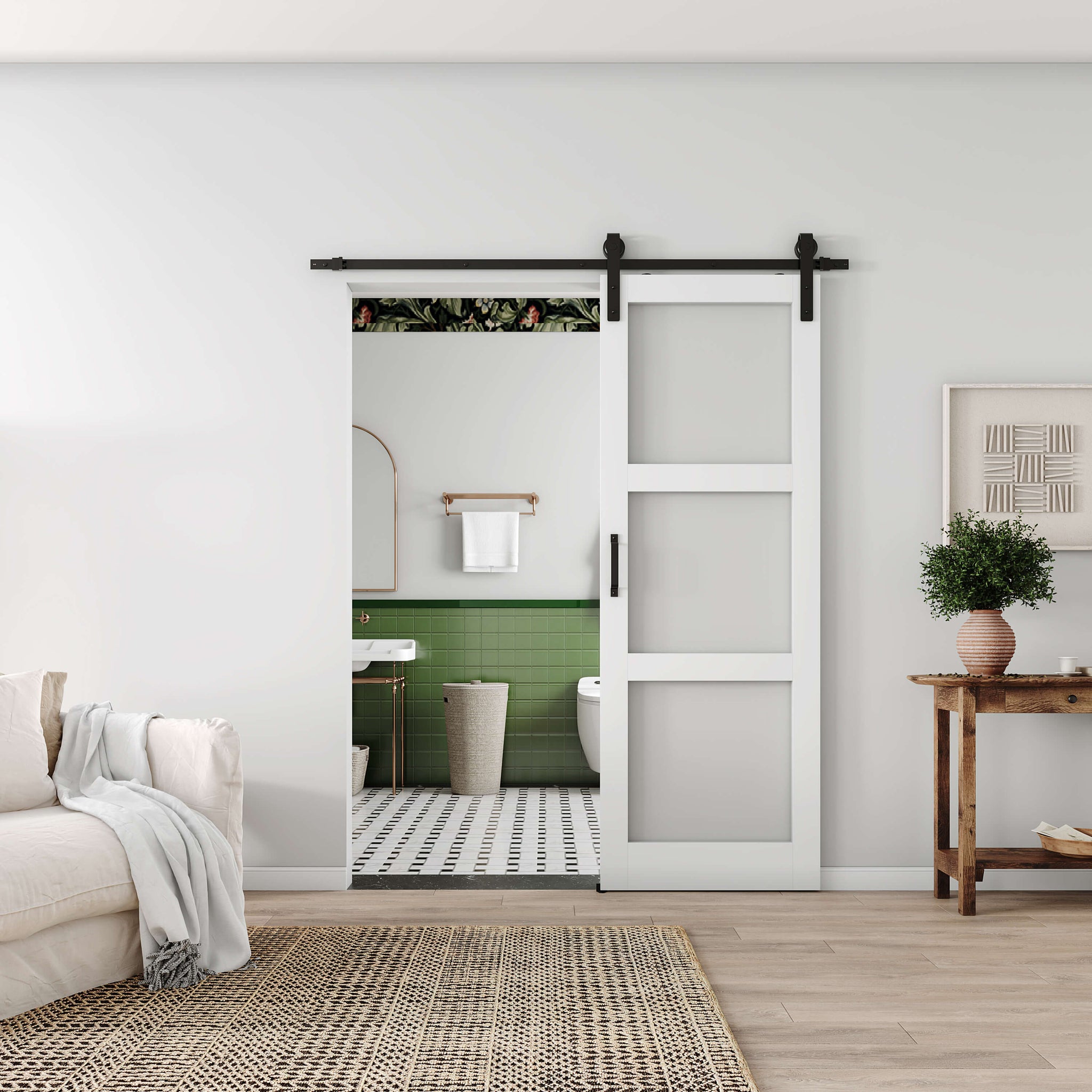 TENONER White MDF 3-Lite Frosted Glass Single/Double Sliding Barn Door