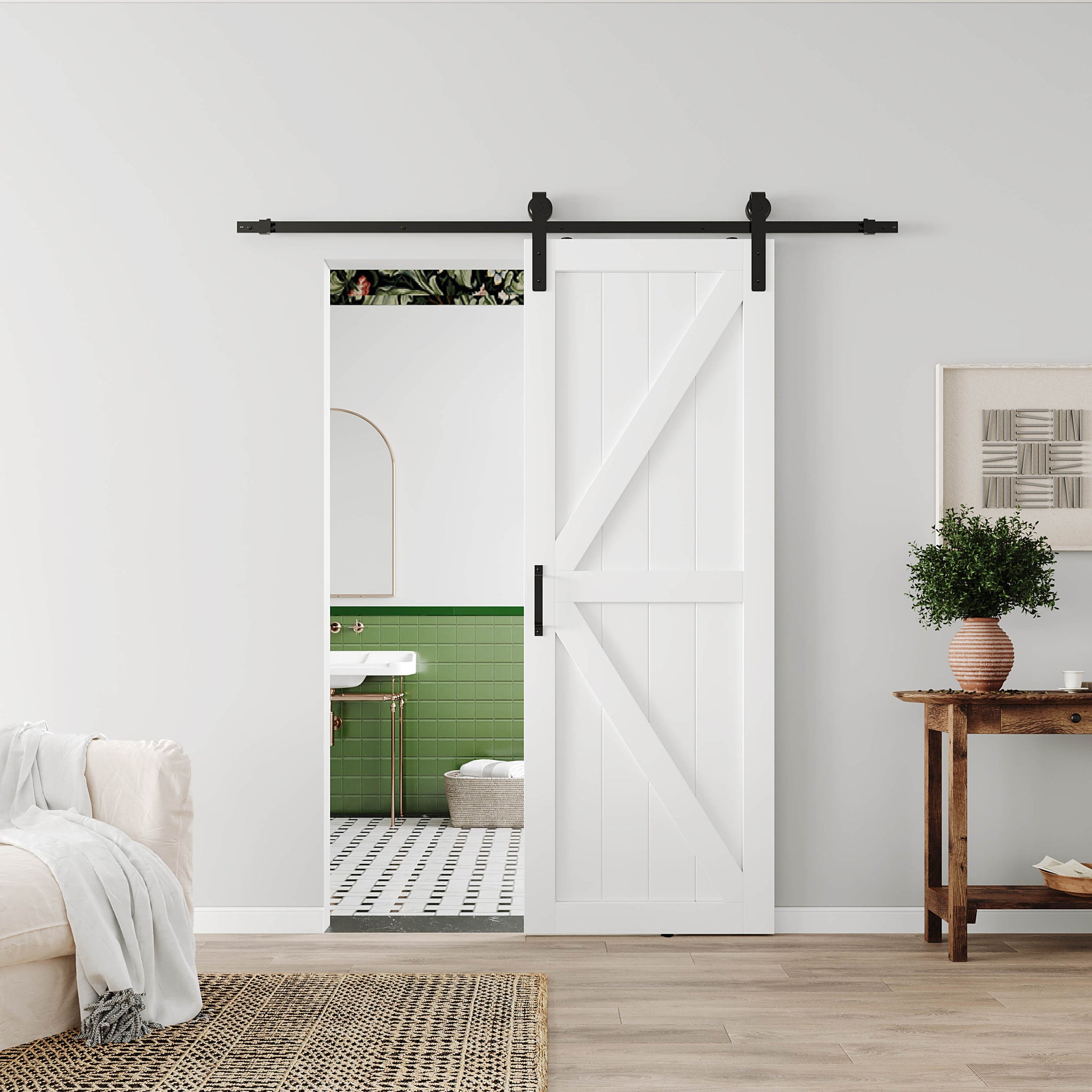 TENONER White MDF K-Frame Single/Double Sliding Barn Doors for Living