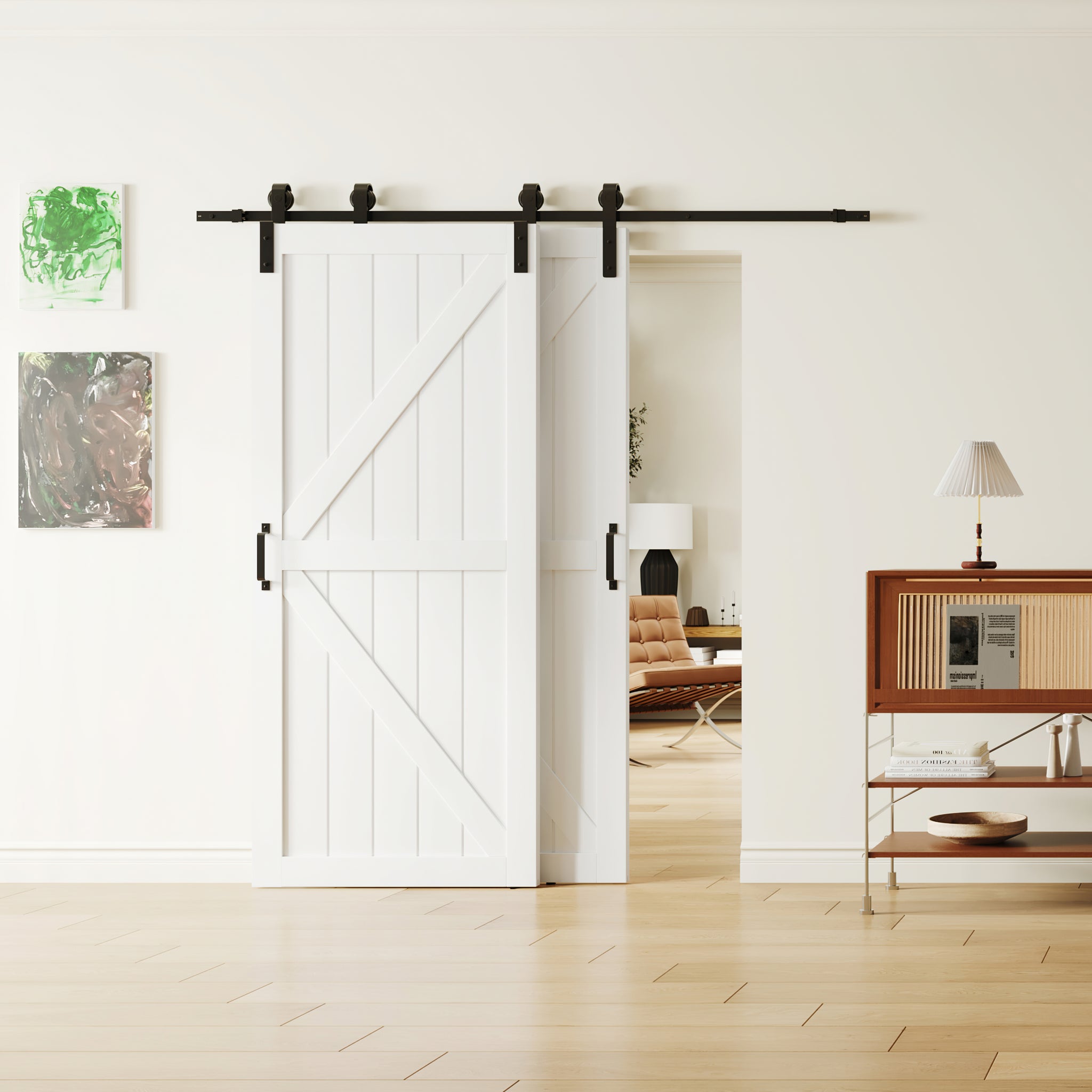 TENONER White MDF K-Frame Bypass Barn Door for Living Room, Bedroom, L