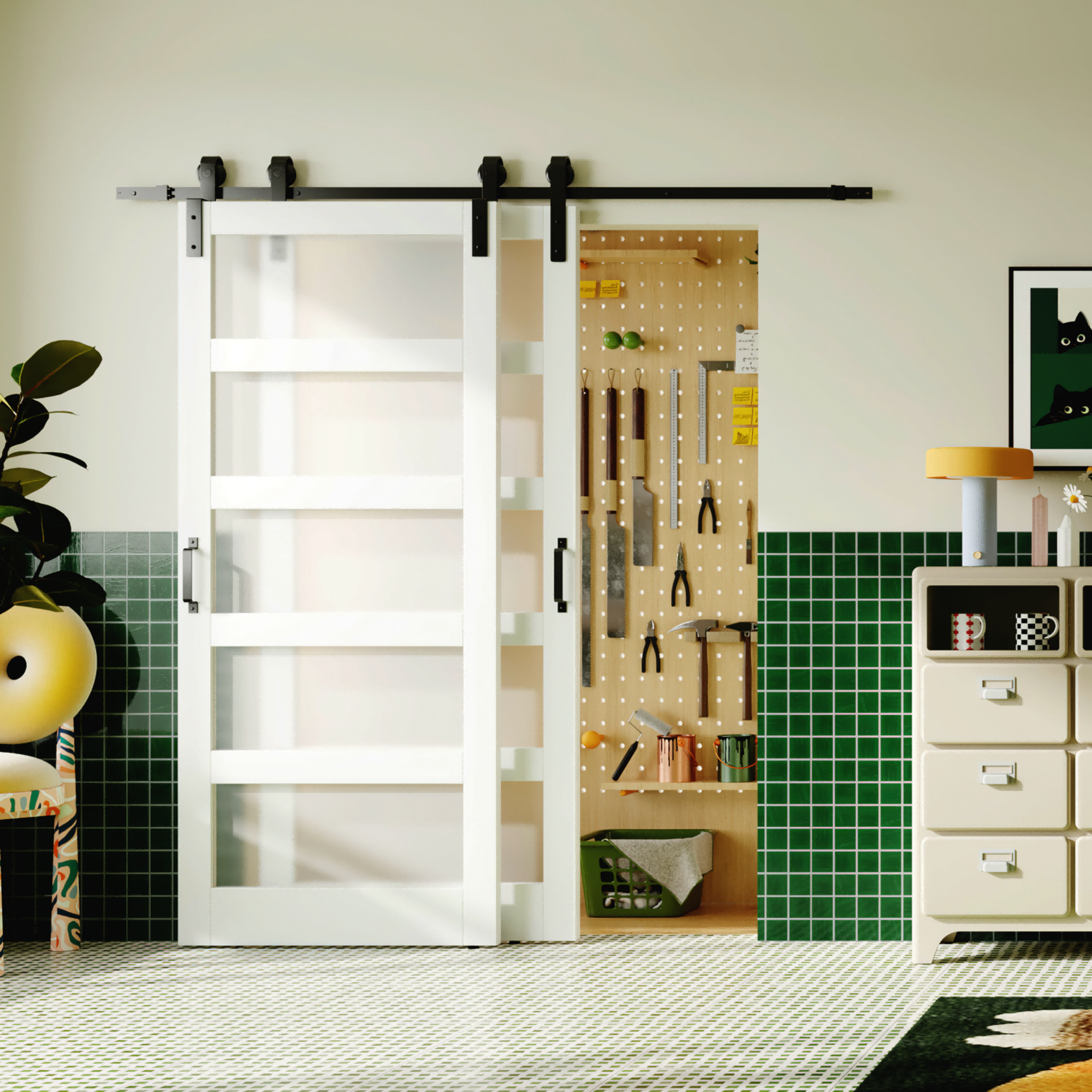 TENONER White MDF 5-Lite Frosted Glass Bypass Barn Door for Living Roo