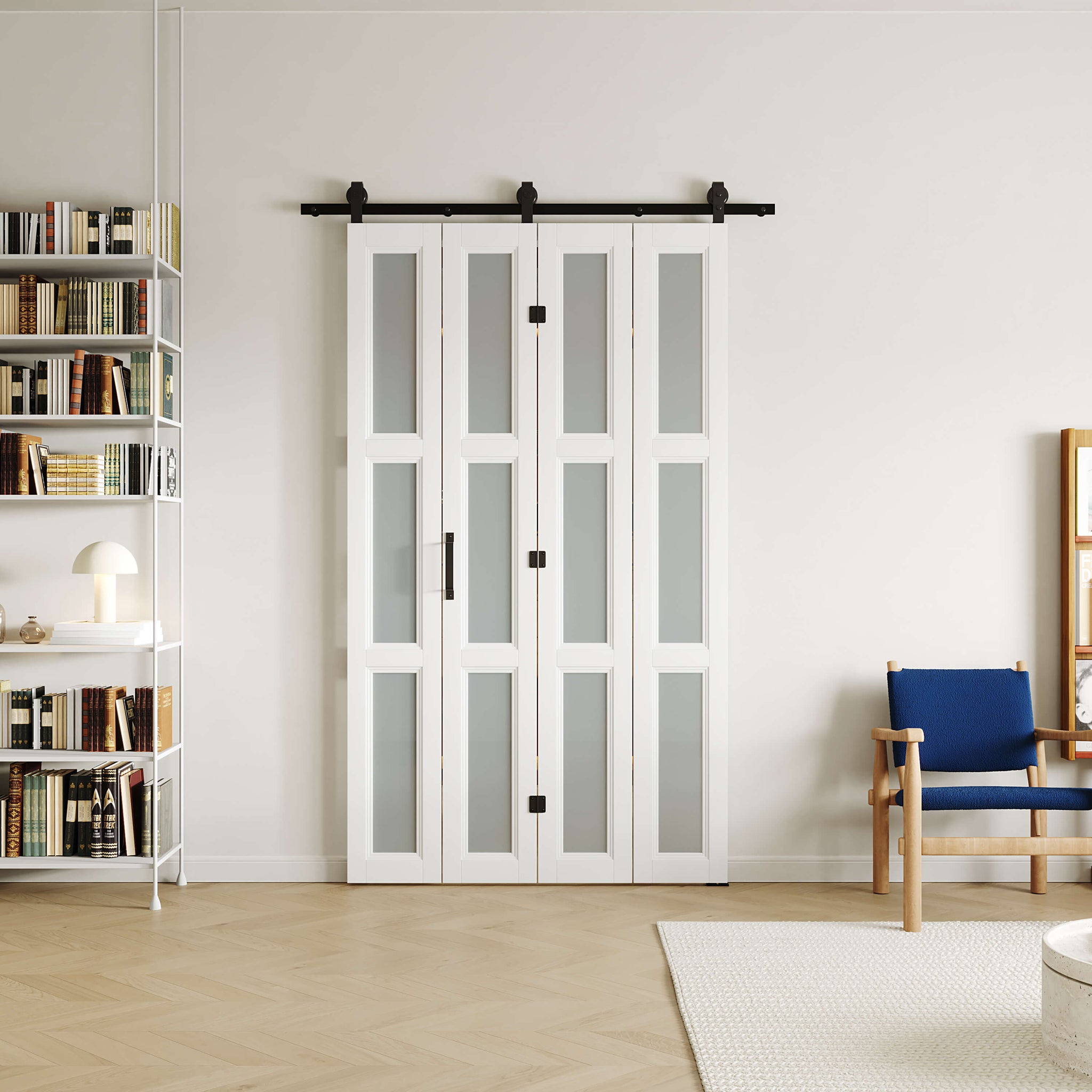 TENONER White MDF 3-Lite Frosted Glass Four-Fold Sliding Barn Door for