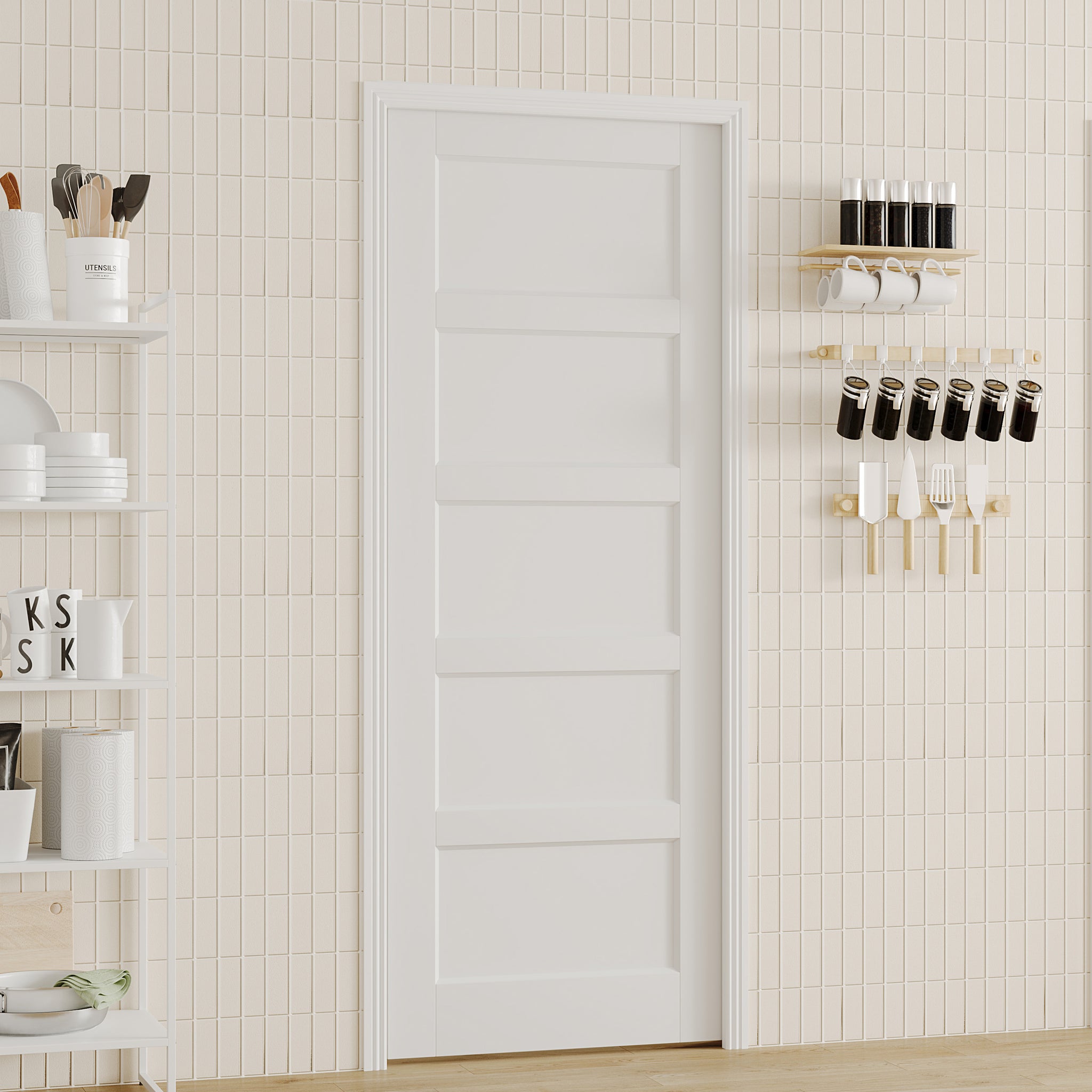 TENONER White MDF 5-Panel Single/Double Sliding Pocket Door for Bedroo