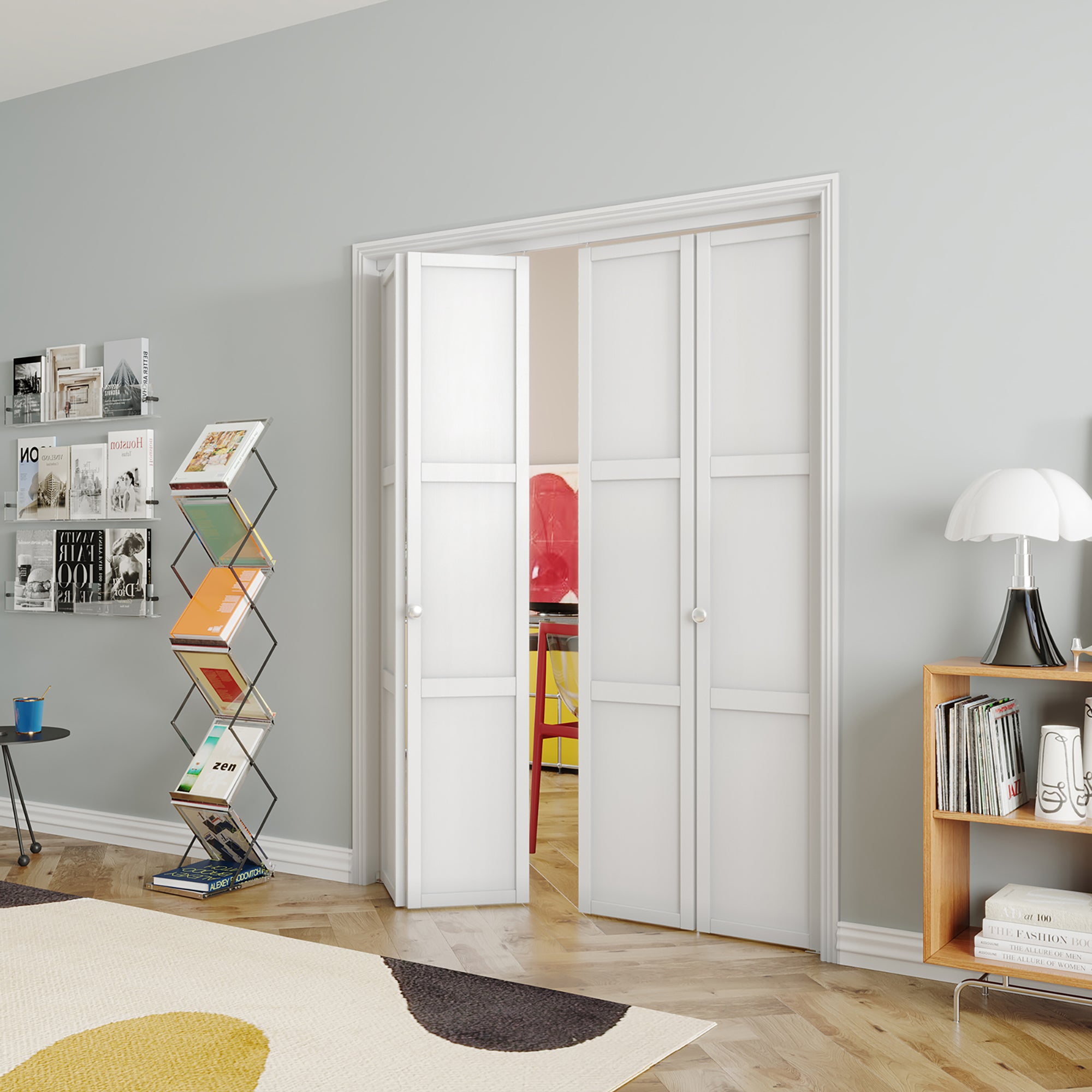 48/60/72 in. x 80 in. White, MDF Wood, 3 Panel Bi-Fold Interior Door f