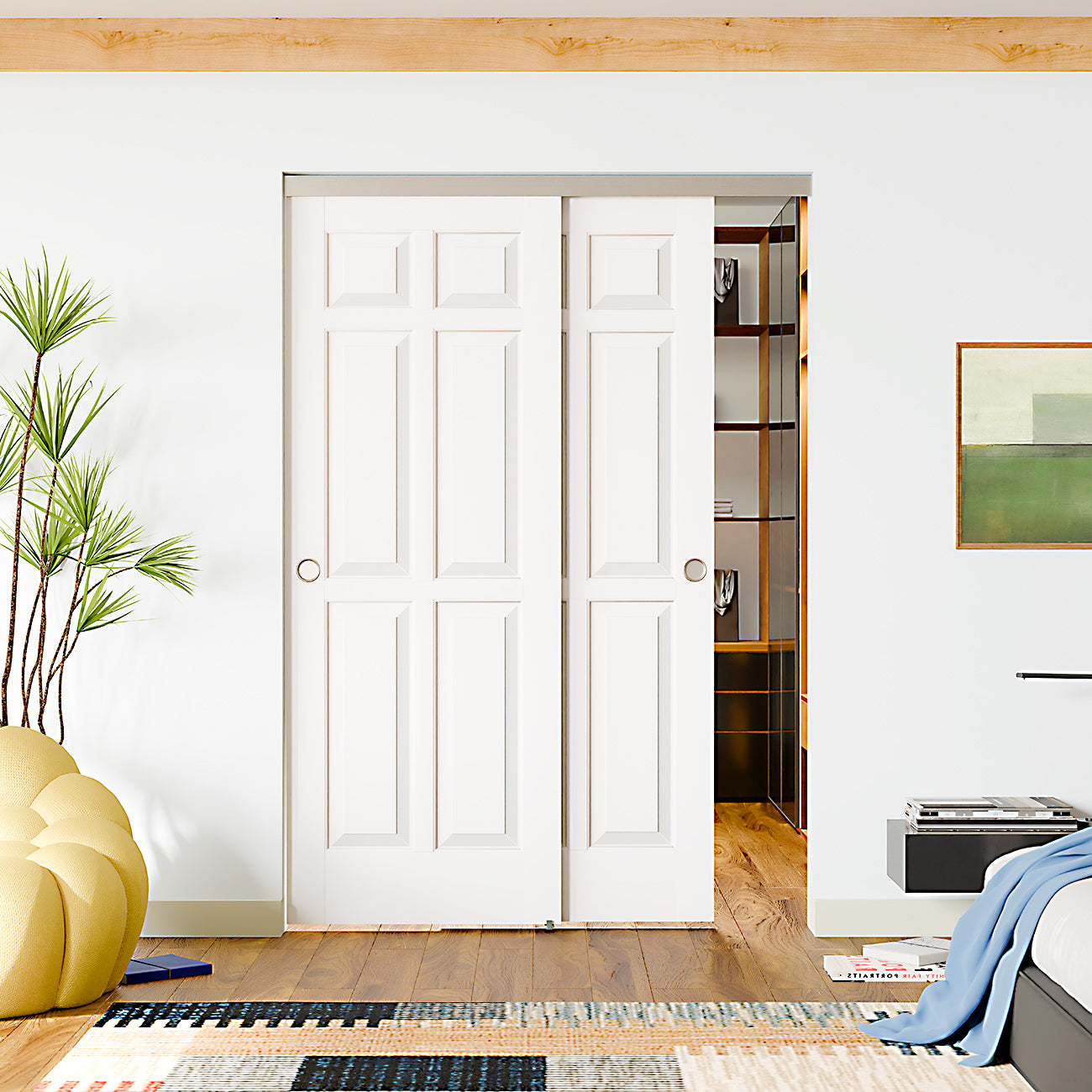 TENONER White MDF 6-Panel Bypass Door for Bedroom, Living Room,Laundry