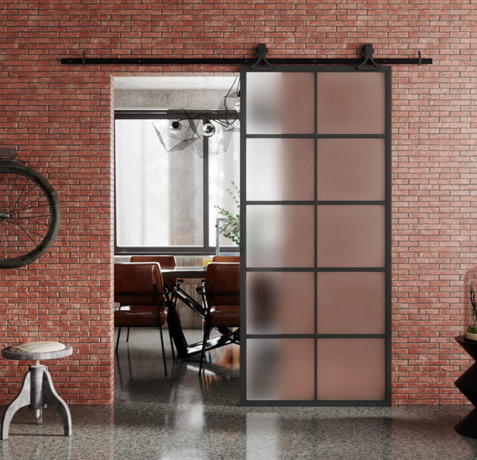 TENONER Black MDF 10-Lite Frosted Glass and Metal Sliding Barn Doors f