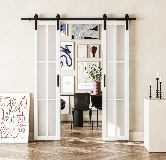 TENONER White MDF 6-Lite Frosted Glass Sliding Barn Doors for Living R