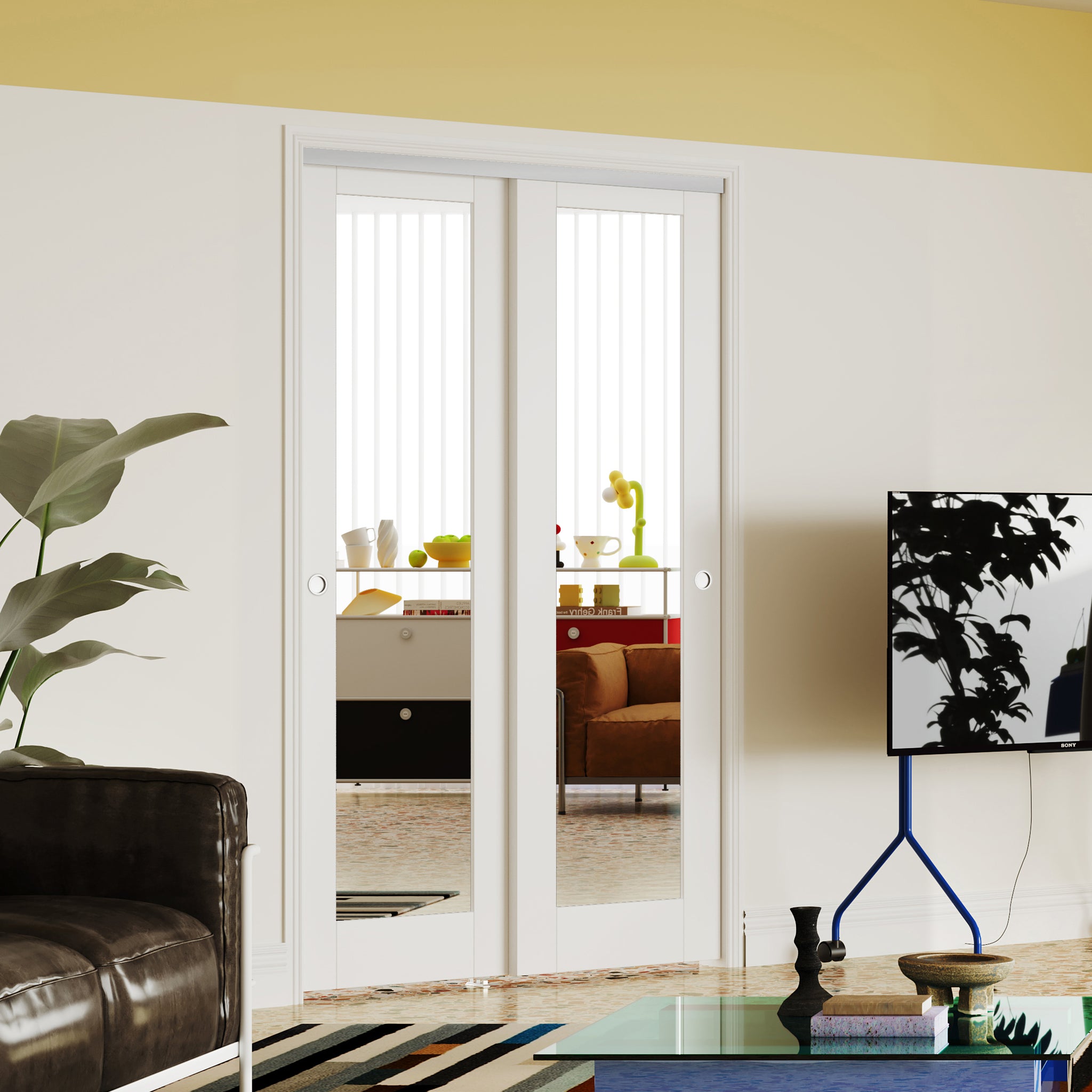 TENONER White MDF 1-Lite Mirror Glass Bypass Door for Living Room, Bed
