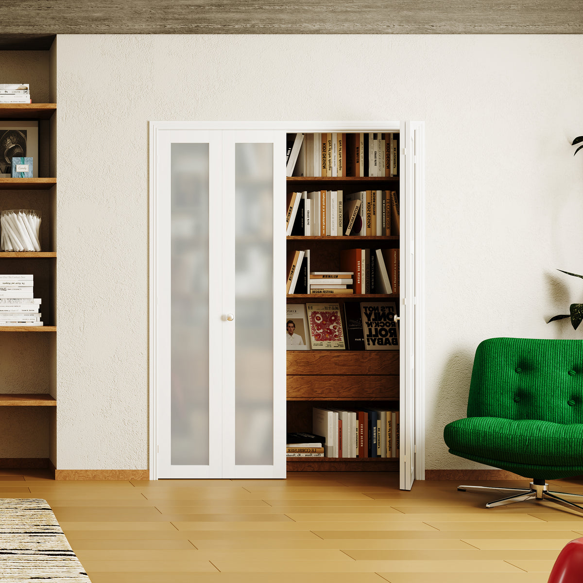 TENONER White MDF 1-Lite Frosted Glass 180-Bi-Fold Door for Closet, La