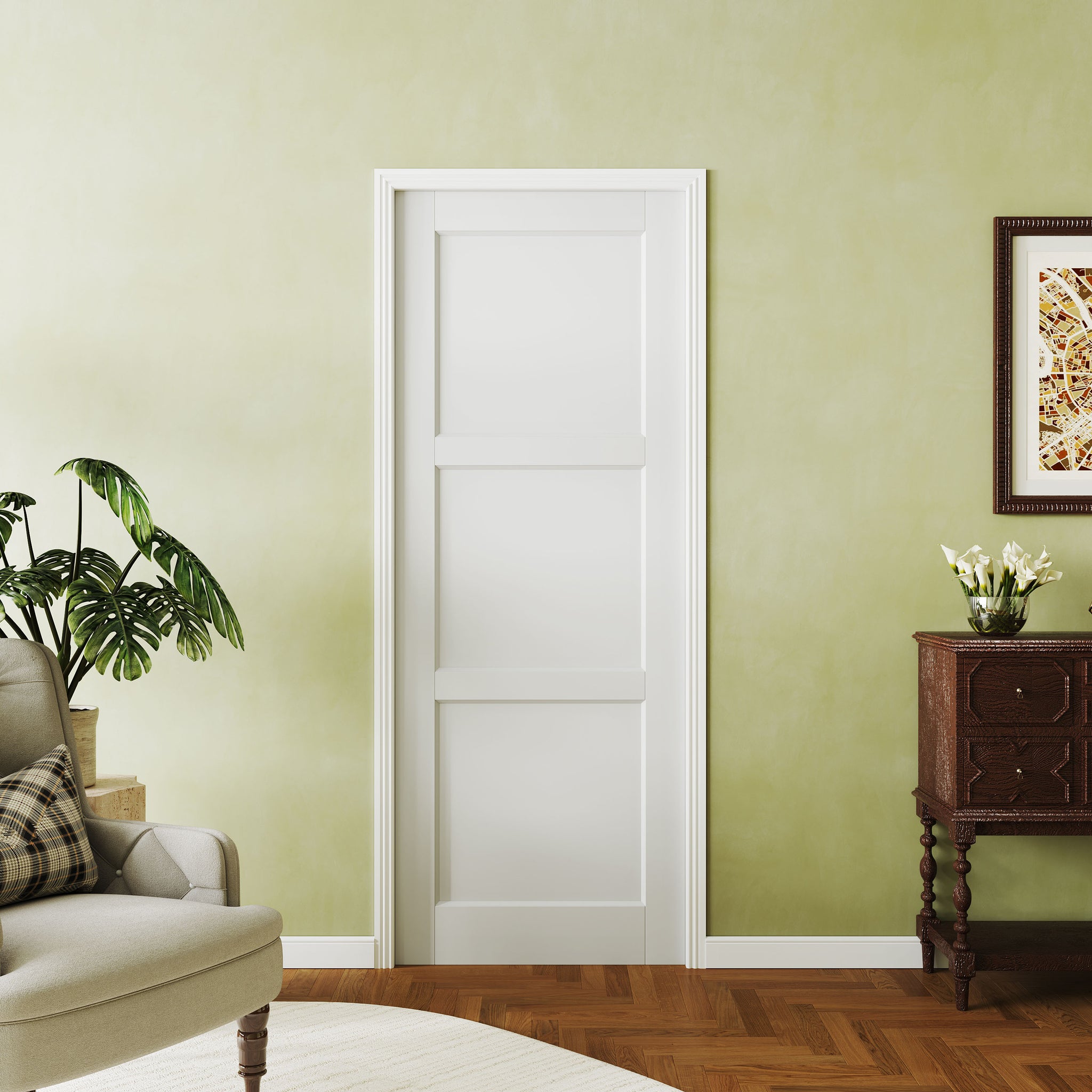TENONER White Primed Finished MDF 3-Panel Interior Door Slab for Close