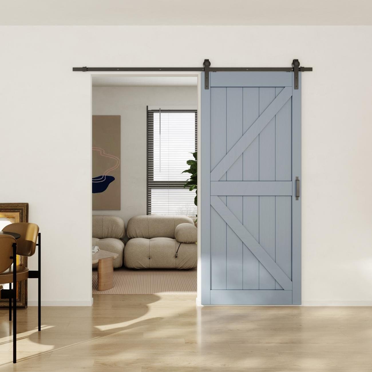 TENONER Grey MDF K-Shape Sliding Barn Doors for Living Rooms, Bedrooms